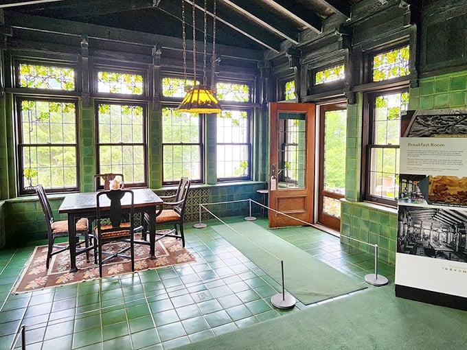 Sunlight streams through stained glass windows onto jade-green tiles, creating Minnesota's most elegant spot for morning coffee and newspaper rustling.