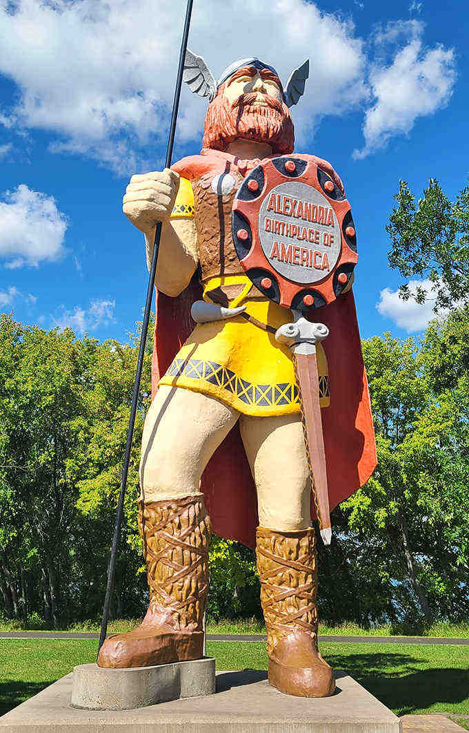 Up close, Big Ole's craftsmanship reveals impressive details, from his determined expression to the shield that sparked historical debates across academic circles.