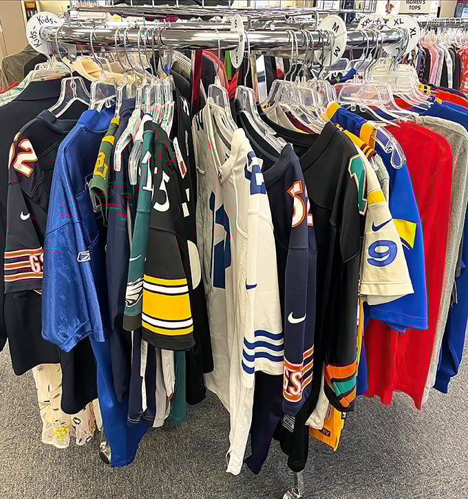 Sports fans, rejoice! Team jerseys from Bears, Packers, and Lions hang like colorful flags of allegiance for the next superfan.