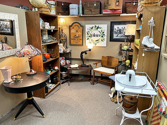 Mid-century furniture arrangements invite you to imagine these pieces in your own home, complete with that perfect reading lamp for cozy evenings.