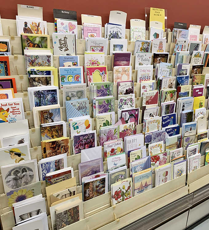 A rainbow of greeting cards for every occasion imaginable &ndash; because nothing says "I care" like thoughtfully selected secondhand sentiments.