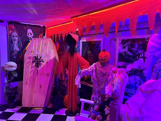 October transforms the concession area into a haunted wonderland, where horror icons lurk between popcorn runs and candy purchases.