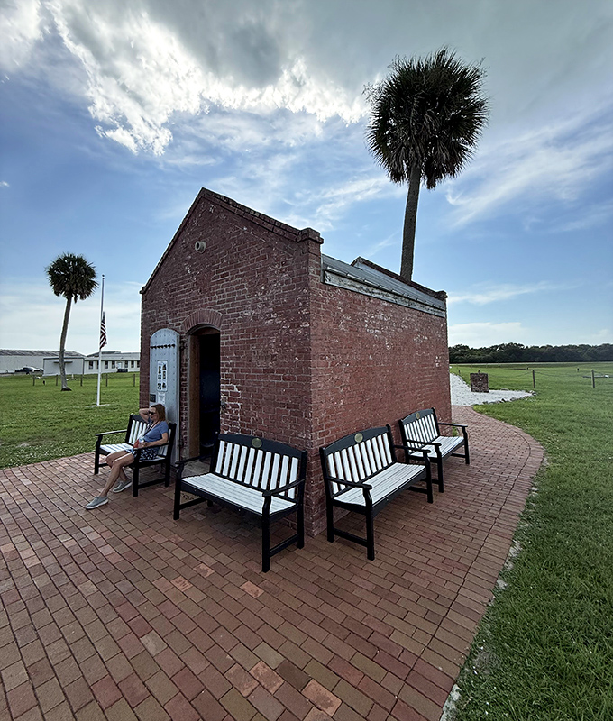 Take a moment to rest on these inviting benches outside the brick oil house, where lighthouse keepers once stored fuel for the beacon.