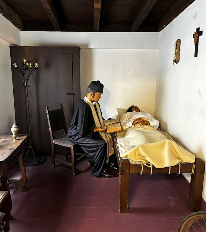 A solemn scene of last rites being administered&mdash;because in 19th-century hospitals, the grim reaper was practically part of the medical staff.