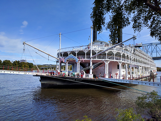 The American Queen riverboat docked at Wabasha's shore looks like a floating wedding cake, bringing a touch of Mark Twain-era glamour to the riverfront.