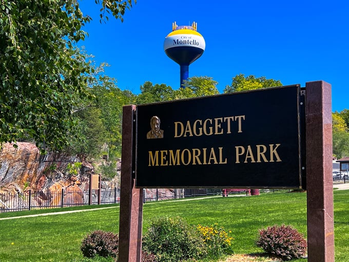 The iconic Montello water tower stands sentinel over Daggett Memorial Park, a landmark visible throughout this charming Wisconsin town.
