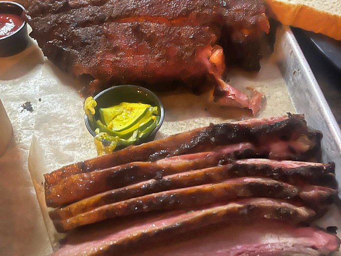 This smoky, tender barbecue spread is the perfect meat platter. Those juicy slices are waiting for your dipping sauce!