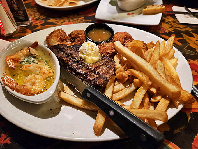 The steak and shrimp combo arrives with enough protein to fuel your shopping safari, accompanied by buttery shrimp that practically beg to be devoured.