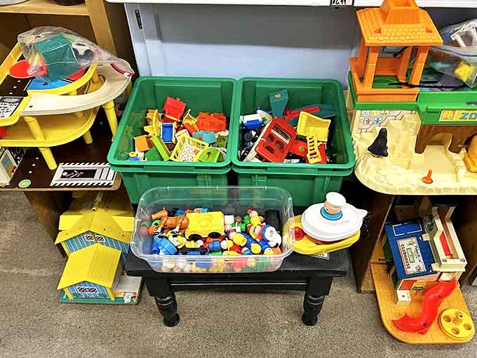 Childhood memories come flooding back in the toy section, where plastic building blocks and vintage playthings await new adventures.