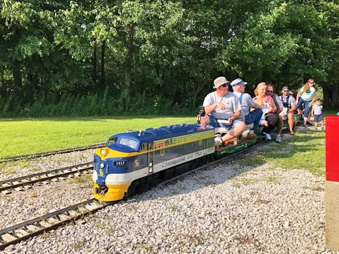 Joy knows no age limit as riders perch on miniature train cars, their adult dignity happily sacrificed for childlike wonder.