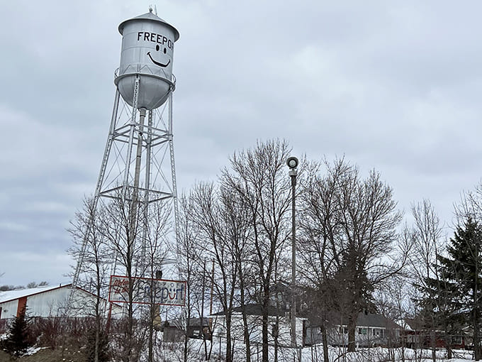 That smiling water tower isn't just cute&mdash;it's Freeport's unofficial mascot, visible for miles around like a beacon of Midwestern cheer.