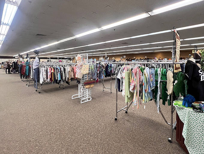 The clothing section offers a rainbow of possibilities, each garment waiting for its second act in someone's wardrobe story.