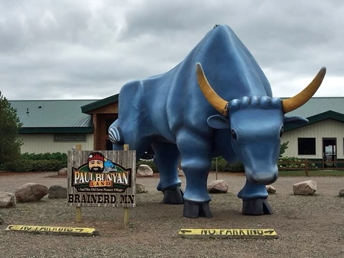The massive blue ox stands guard at Paul Bunyan Land, dwarfing visitors with its legendary proportions. Holy cow – er, ox!