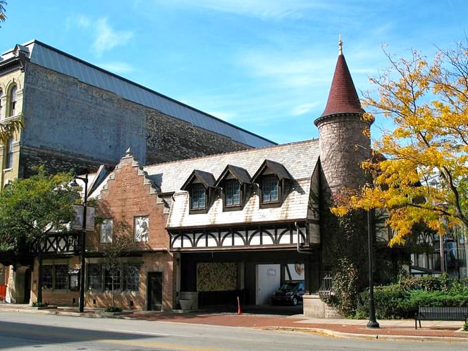 Mader's Restaurant's charming Tudor-style facade and distinctive round tower bring a taste of Bavaria to Milwaukee's streetscape.