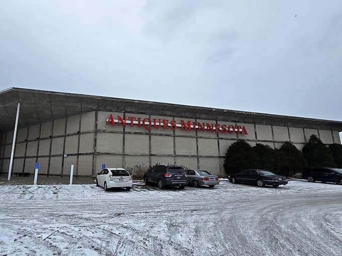 Antiques Minnesota's unassuming exterior hides a treasure trove within – a winter wonderland for collectors even when snow blankets the parking lot.