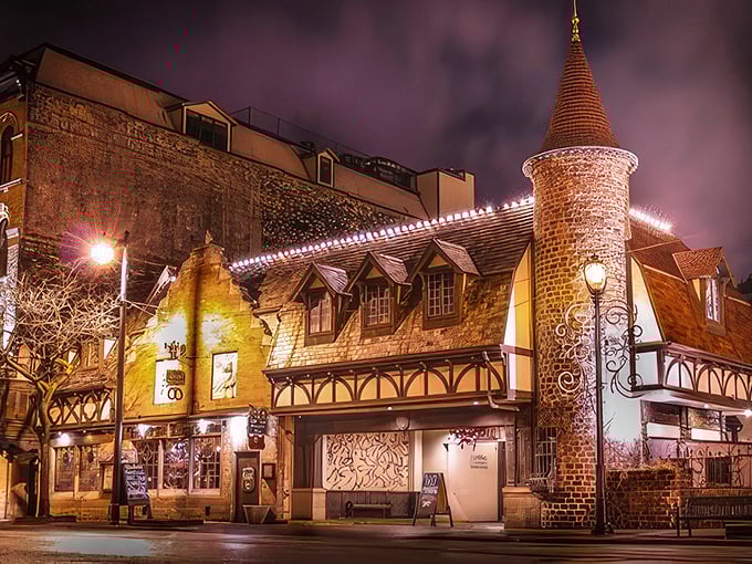 At night, Mader's glows with warm light, creating a magical dining destination that transports guests to a medieval European village.