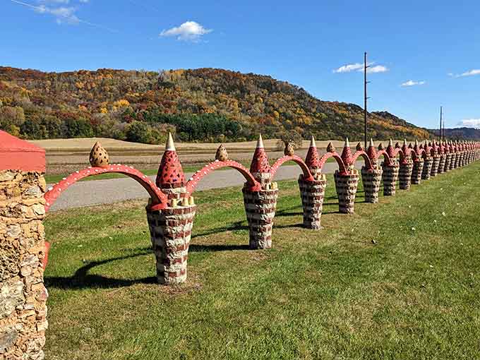 The handcrafted stone structures at Prairie Moon form an artistic wonderland against the backdrop of Wisconsin's rolling countryside.