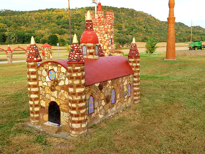 This whimsical stone castle at Prairie Moon looks like it belongs in a fairy tale. Imagine the tiny concrete residents who might live behind those colorful windows!