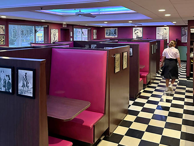 Pink vinyl booths and checkerboard floors transport diners to simpler times, when conversations happened face-to-face and phones stayed on walls.