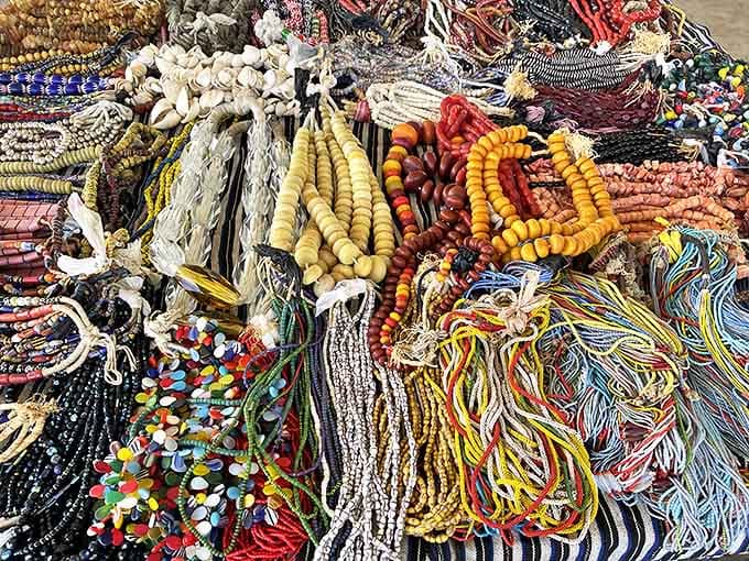 A kaleidoscope of African glass beads&mdash;each strand a symphony of color telling stories of craftsmanship that traveled continents to reach this Illinois table.