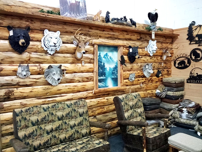 A rustic wall adorned with decorative animal mounts creates the perfect cabin aesthetic without any actual hunting required.