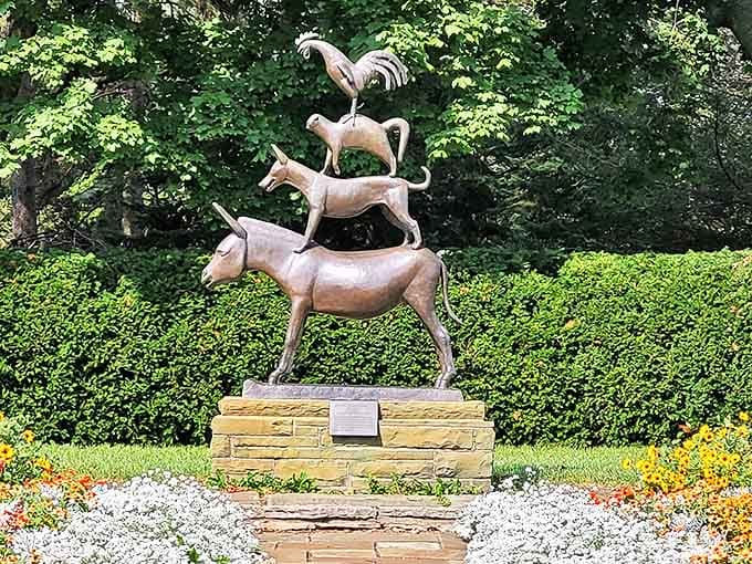 The Bremen Town Musicians reimagined in bronze &ndash; these stacked animals seem ready to break into song at any moment.