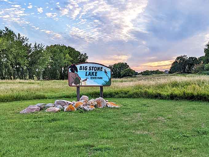 Big Stone Lake State Park's welcoming sign greets visitors at dusk, when the prairie meets water in a perfect Minnesota moment.