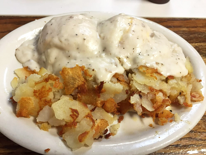Biscuits and gravy that could bring a tear to a drill sergeant's eye &ndash; creamy, peppery, and substantial enough to fuel a morning march.