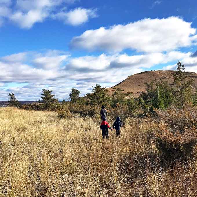 Tall grasses dance in the breeze as hikers traverse the rolling landscape toward distant blue horizons.