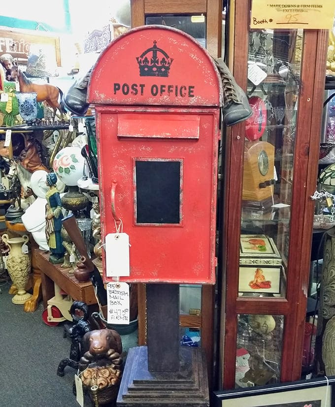 A genuine British post box stands as a quirky international treasure among American antiques, proving that great finds know no borders and adding a splash of royal red charm.