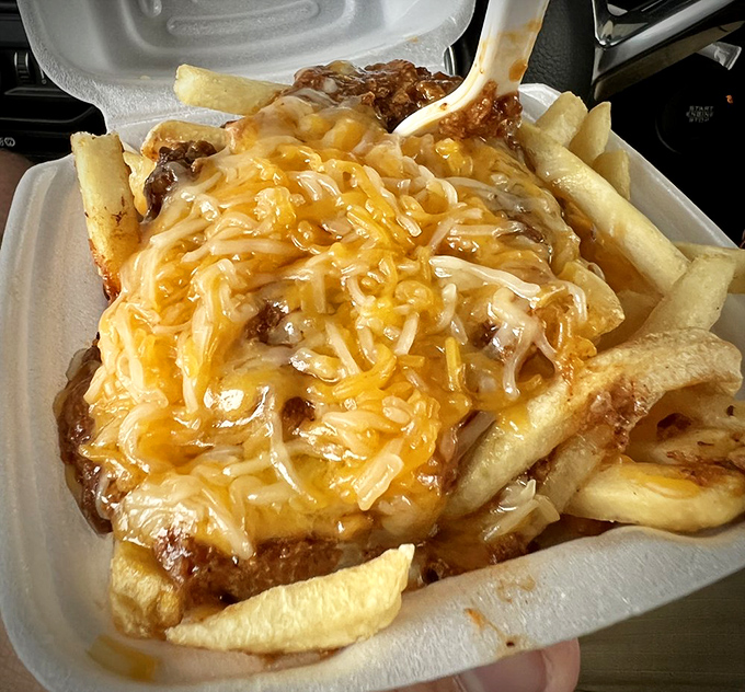 Comfort food royalty: Chili cheese fries that somehow maintain their crisp dignity beneath a blanket of homemade chili and melted cheese.
