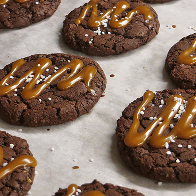 Chocolate cookies with caramel drizzle and sea salt &ndash; proof that sometimes the universe just wants you to be happy.