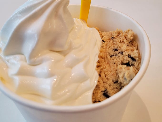 The perfect marriage of vanilla soft serve and cookie dough&mdash;like finding the missing puzzle piece you didn't know your taste buds were searching for.