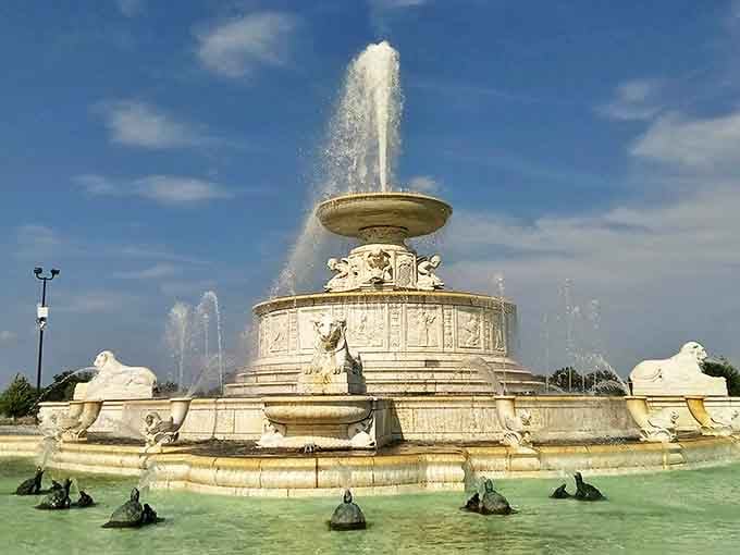 The Scott Fountain on Belle Isle sprays liquid joy skyward, a Beaux-Arts masterpiece that's been Detroit's aquatic showstopper since the Roaring Twenties.
