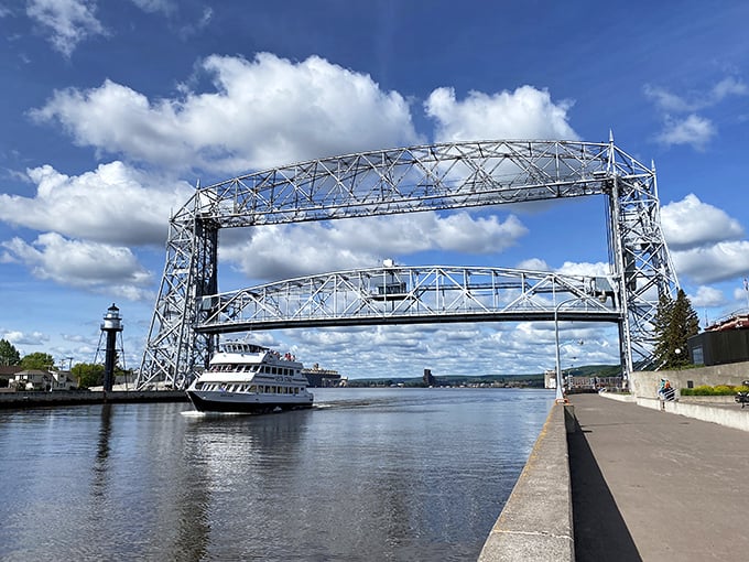 The Aerial Lift Bridge frames passing ships like a mechanical doorman, raising its massive span with surprising grace.