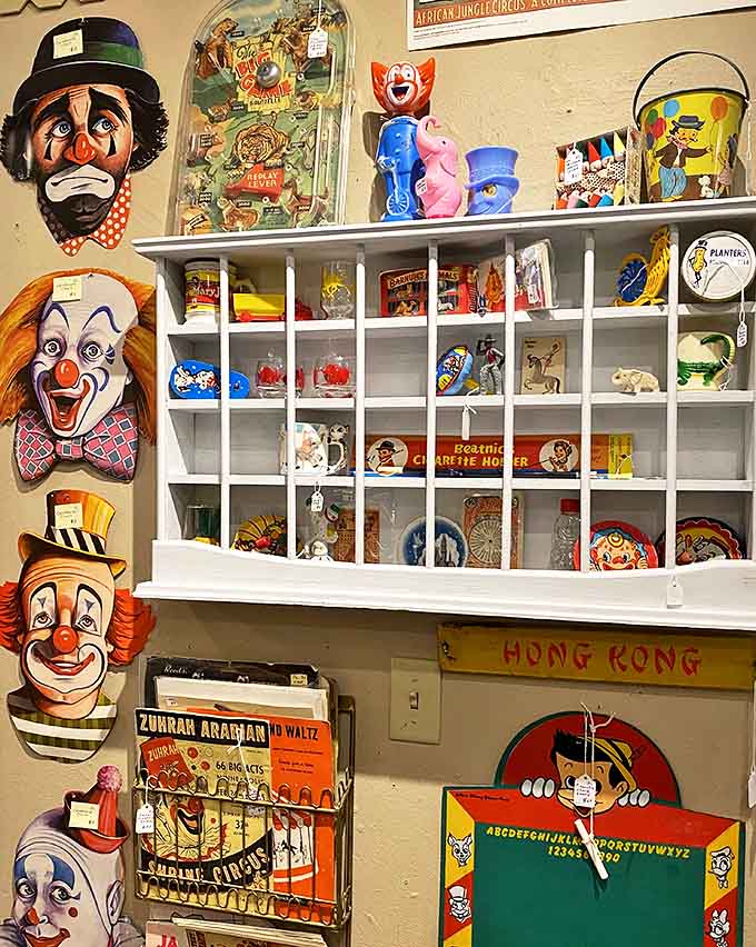 The whimsical circus collection features colorful clown faces and vintage toys that transport visitors to the golden age of American entertainment.