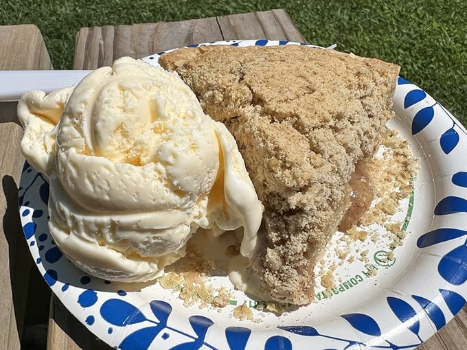 Dutch crumble apple pie with its buttery streusel topping practically begs for that melting scoop of vanilla ice cream.