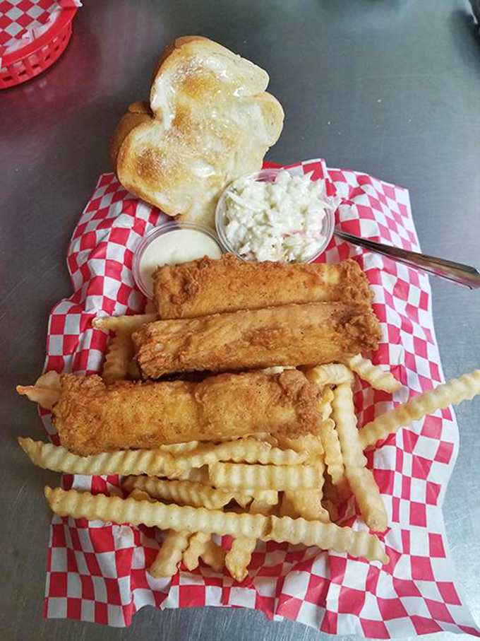 Classic fish fry with crinkle-cut fries, coleslaw and toast, Wisconsin's Friday tradition executed flawlessly.
