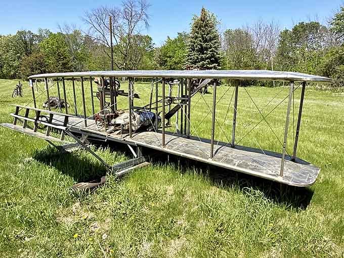 Aviation history gets the scrap metal treatment with this Wright brothers-inspired plane, its framework capturing the pioneering spirit of flight.
