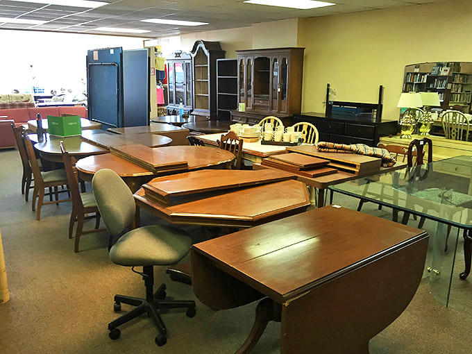 Furniture with character and history sits patiently, waiting for its second act. That mid-century side table has seen things, folks.