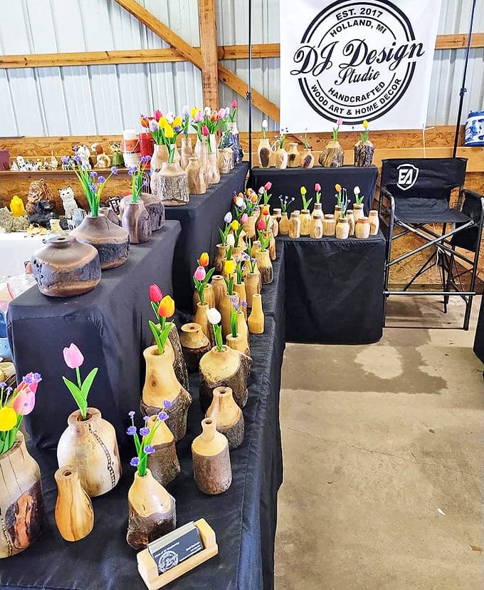 Handcrafted Wood Art & Home Decor: Handcrafted wooden vases display colorful tulips, merging natural materials with vibrant blooms in a celebration of Michigan craftsmanship.