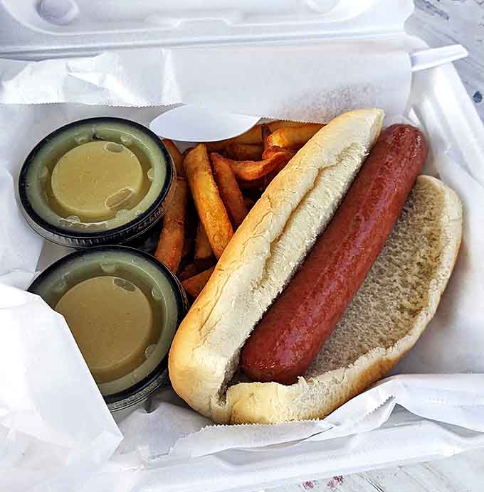 Hot dog heaven! This classic red beauty nestled in a soft bun with perfect condiments proves Laura's excellence extends beyond burgers.