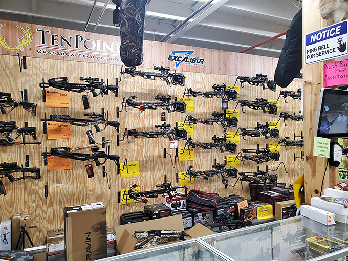 Hunting enthusiasts find their happy place among crossbows, compound bows, and accessories. Everything needed for a successful hunt waits in this impressive arsenal.