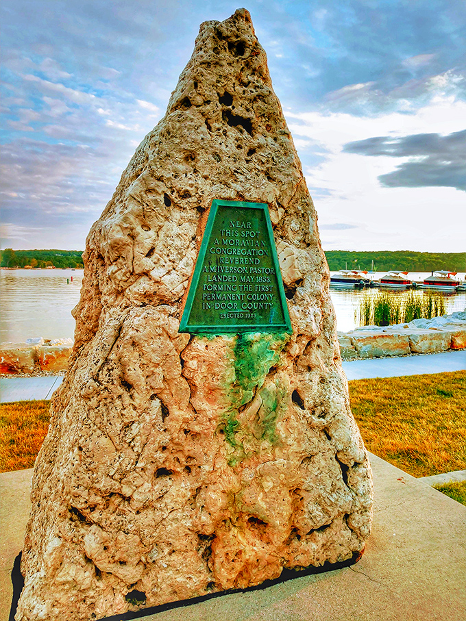 This curious limestone monument marks where Moravian settlers first brought their faith to Door County's shores.
