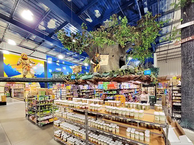 Beneath artificial trees and whimsical decor, serious food exploration happens. Part theme park, part market, all adventure.