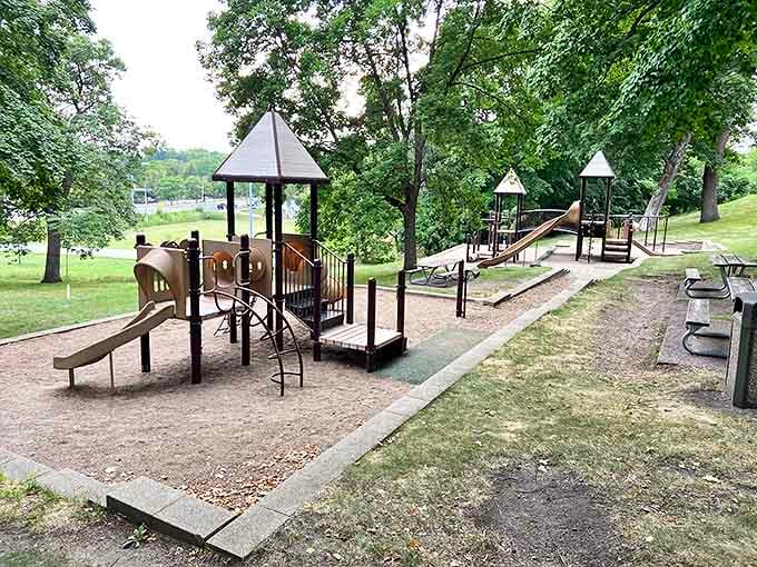 Klapprich Park's playground equipment silently judges adults who secretly wish they could take a turn on those slides without raising eyebrows.