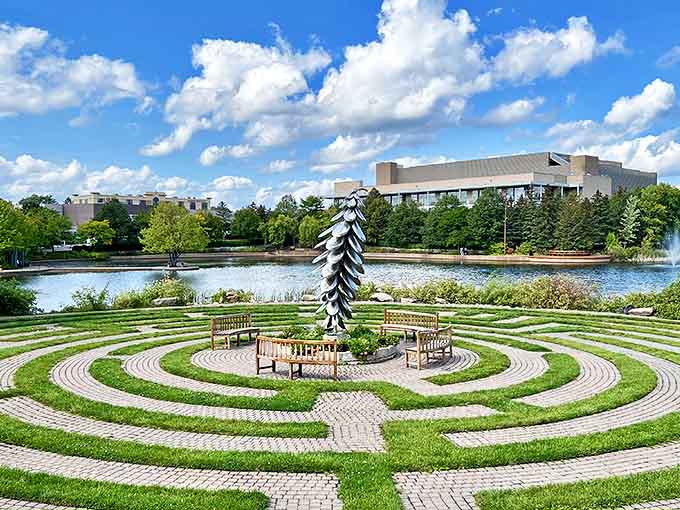 The labyrinth garden offers a walking meditation experience, with concentric circles leading inward to a central sculpture that seems to whisper, "You've arrived."