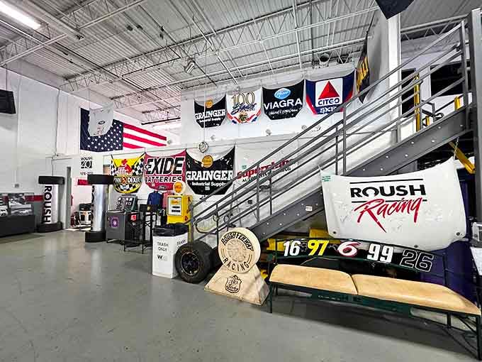Racing memorabilia and trophies tell stories of checkered flags and champagne celebrations&mdash;the stairway leads to even more automotive treasures.