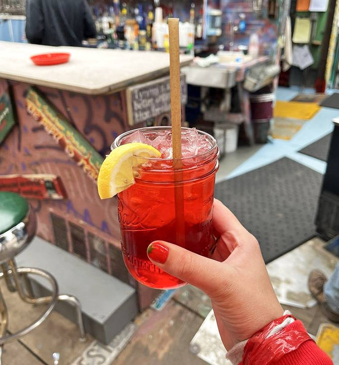 Madeline Island's favorite watering hole serves up this vibrant concoction against a backdrop of weathered wood and twinkling lights.