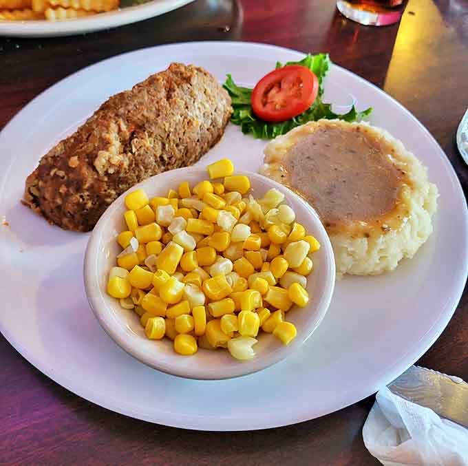 Meatloaf that would make your grandmother both proud and jealous, flanked by corn and mashed potatoes &ndash; comfort food's holy trinity.